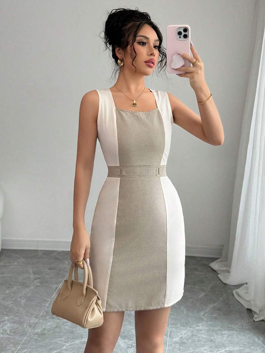 Elenzga Retro Color Block Bodycon Camisole Dress, Suitable For Formal ...