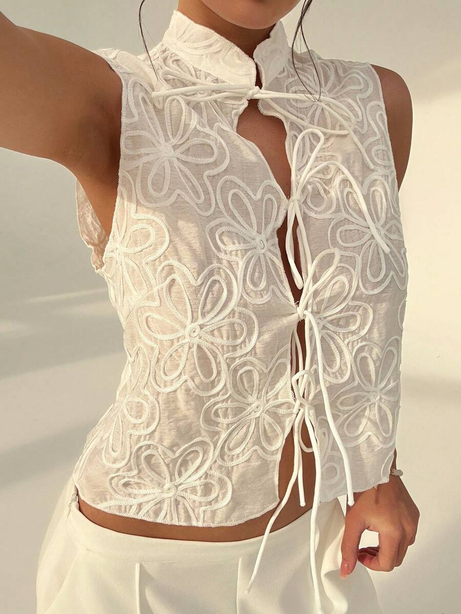 Aloruh Women's Floral Jacquard Front Tie Sleeveless Casual Tank Top ...
