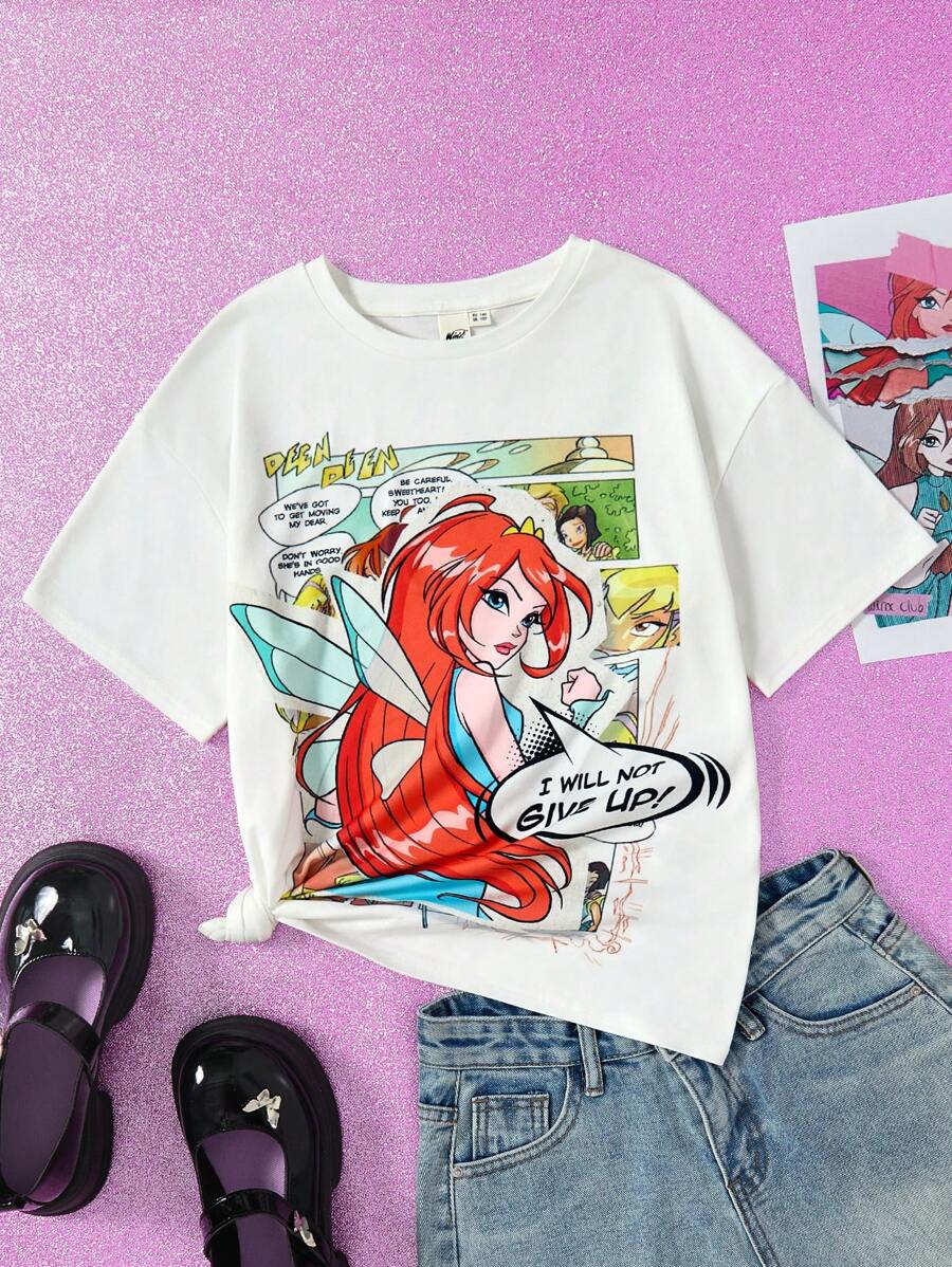 The Winx X SHEIN Camiseta de manga corta blanca casual y versátil con ...
