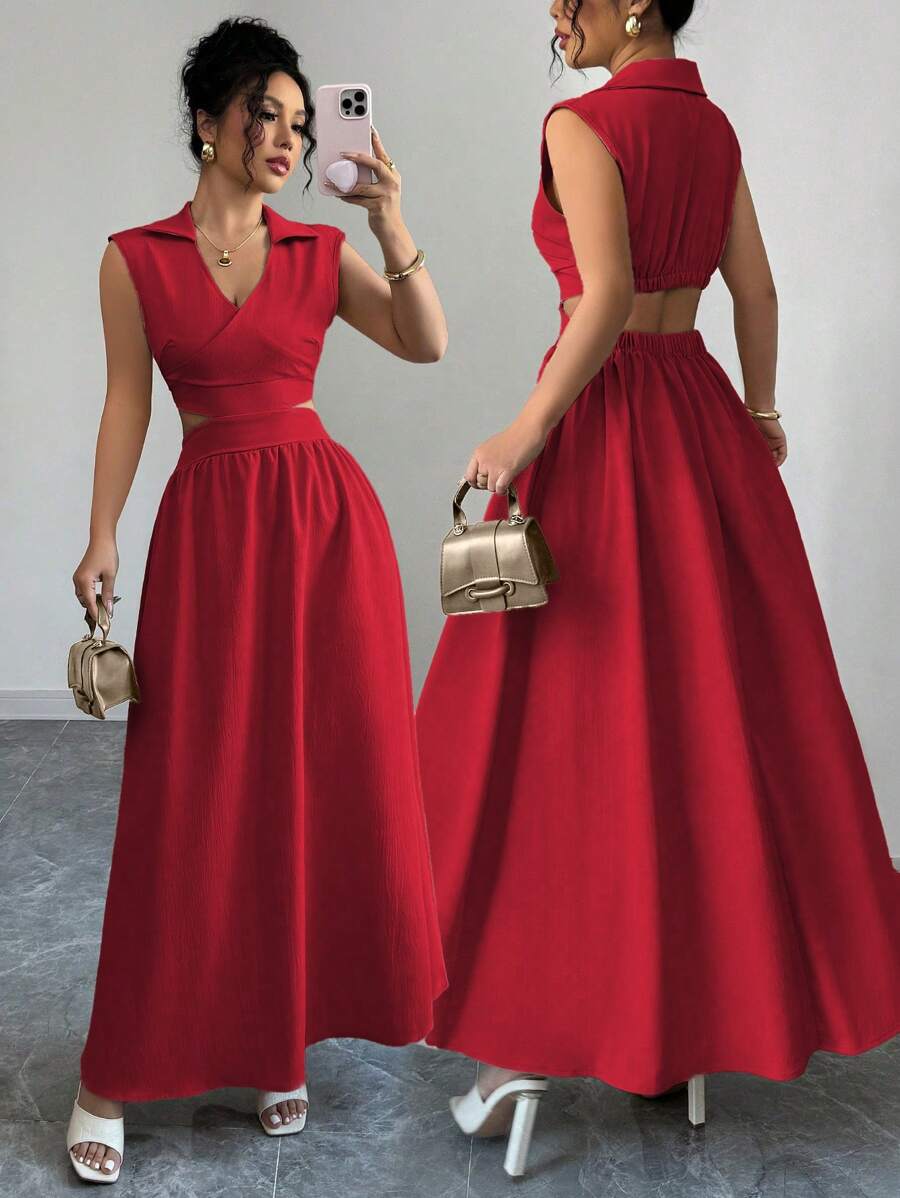 Elenzga Vestido sin mangas de cuello en V con diseño de cintura para ...