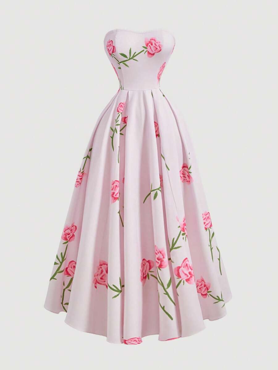 SHEIN MOD Waisted & Flared Hemline Floral Print Pink Bandeau Dress ...