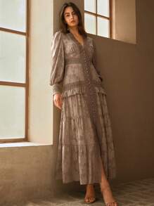 Anewsta French Style Ruched V-Neck Puff Sleeve Elegant Slim Fit Dress Maxi Women Outfit Festival ...