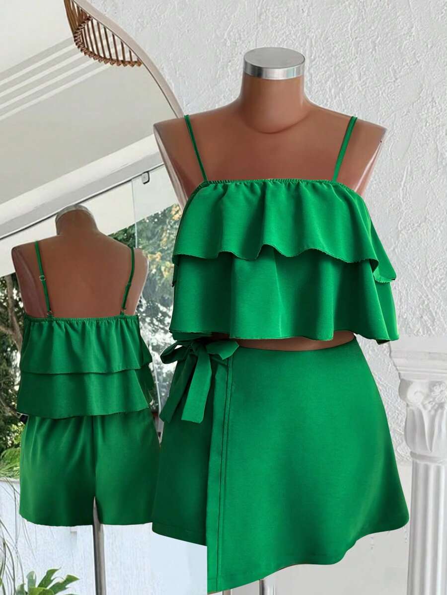 Breezaya Women's Green Spaghetti Strap Ruffled Top And Shorts 2 Pieces ...