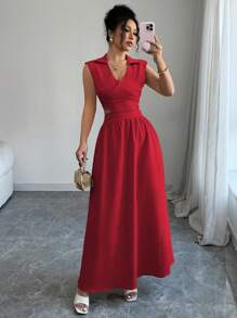 Elenzga Vestido sin mangas de cuello en V con diseño de cintura para ...