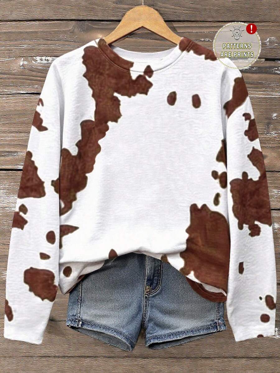 INAWLY Casual Colorblock Cow Print Long Sleeve T-Shirt | SHEIN USA