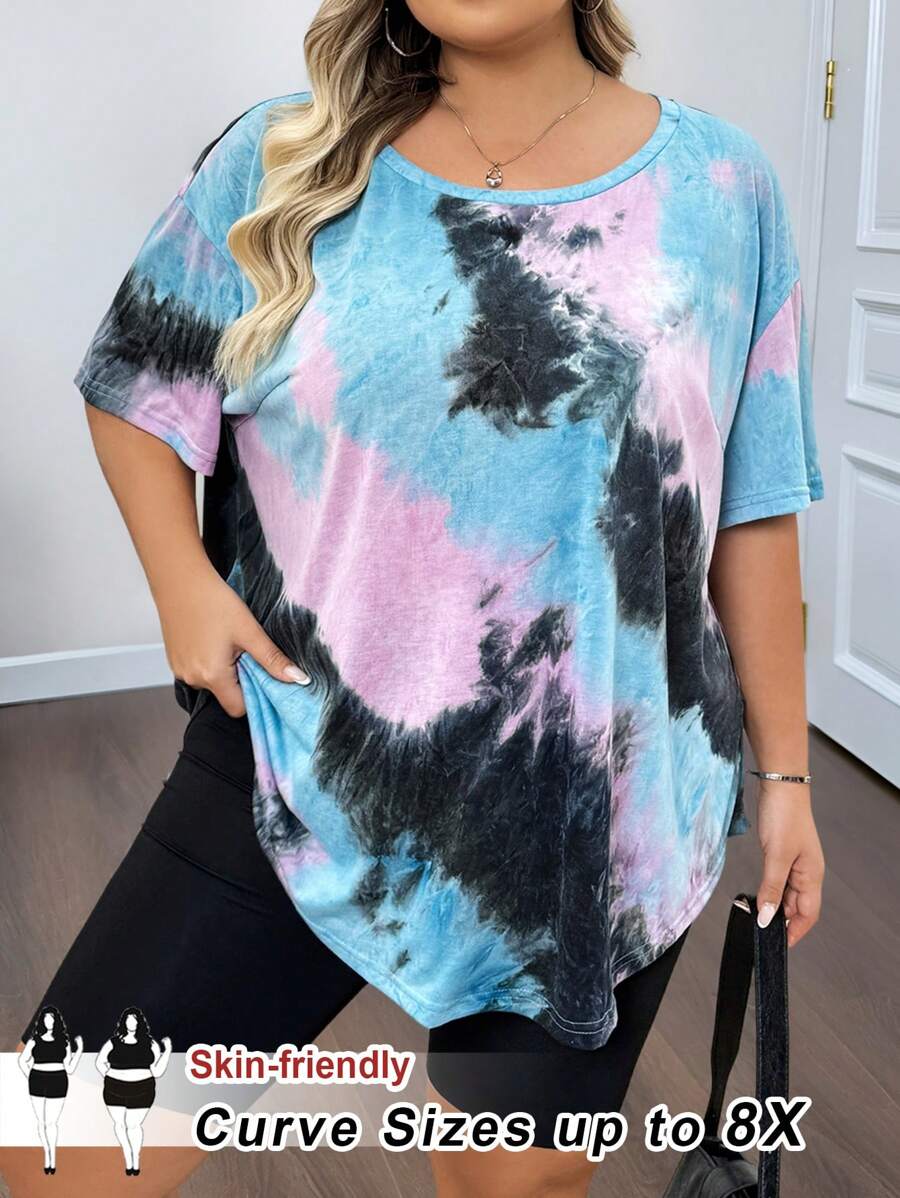 SHEIN CURVE+ Plus Size Women's Random Tie Dye Pattern Curved Hem T-Shirt | SHEIN South Africa