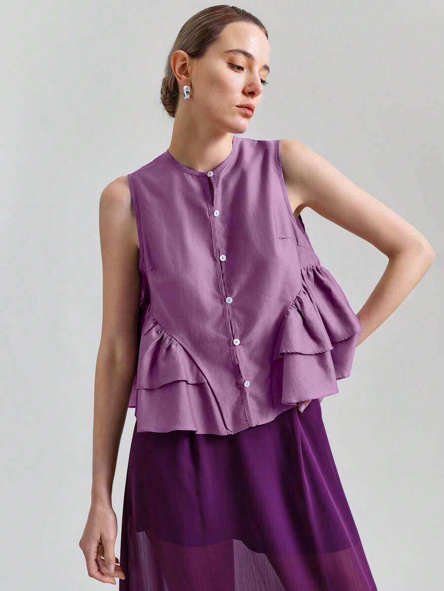 Ontre 2025 Women's Solid Color Single-Breasted Ruffled Hem Sleeveless ...