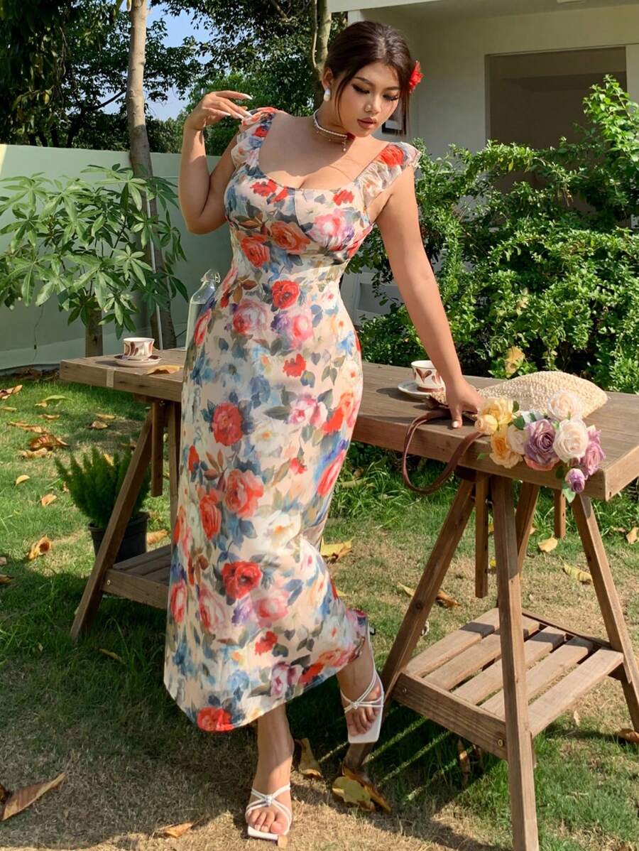 Dazy Plus Plus Size Floral Print Maxi Sleeveless Chiffon Vacation Dress ...