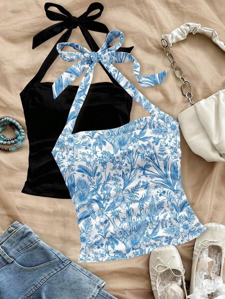 Soleia 2pcs/Set Women's Halter Backless Flower Ruched Summer Tank Top ...