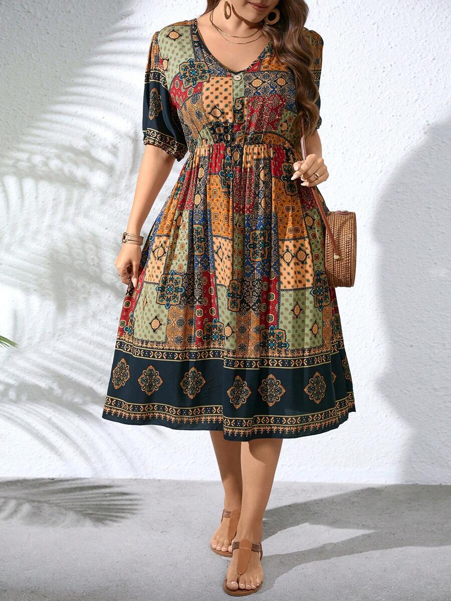 EMERY ROSE Plus Size Women Elegant Floral Print V-Neck Short Puff Sleeve Long Holiday Dress For ...