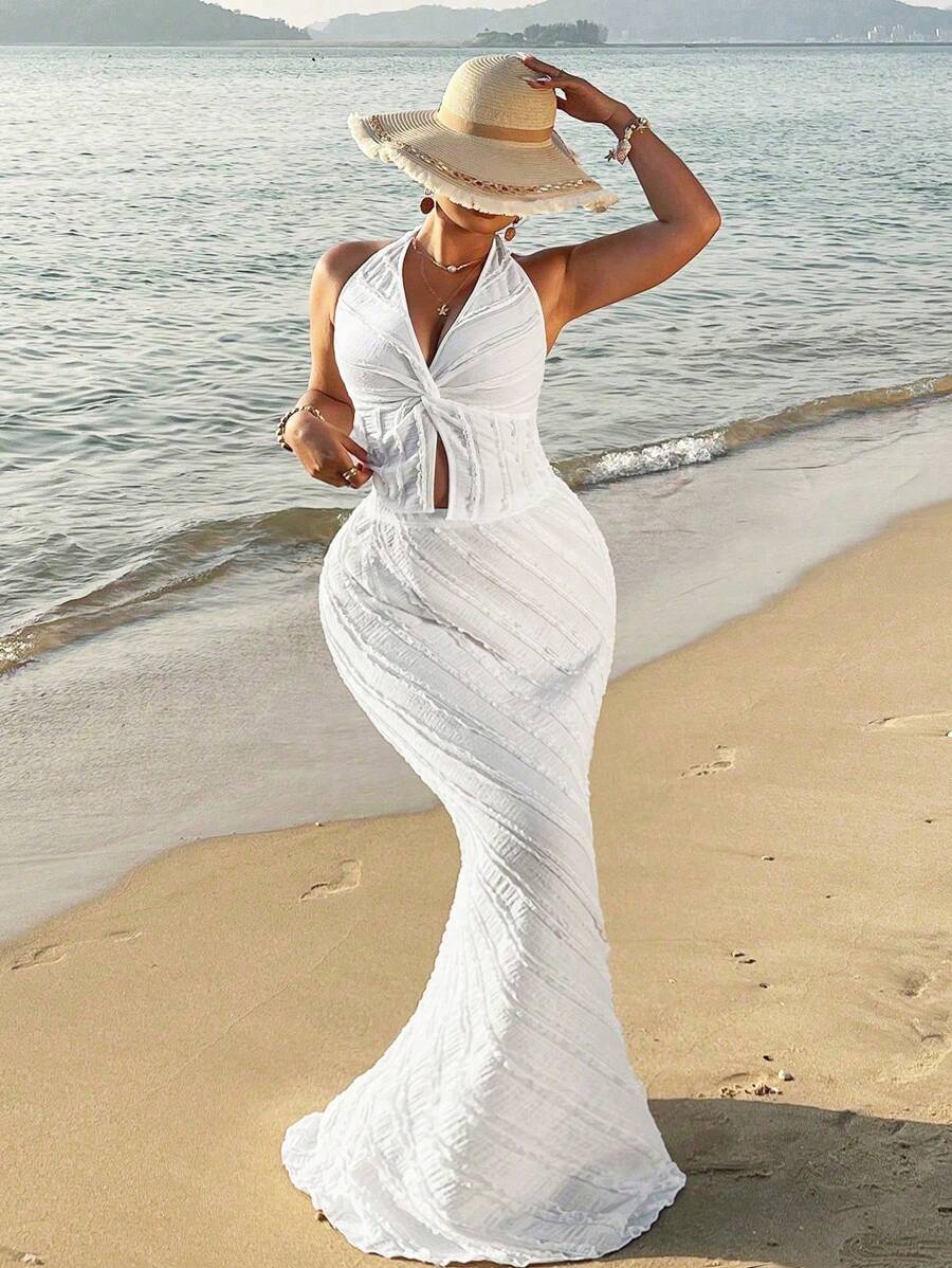 Flirla 2pcs/Set Plus Size Women's Twist Front Halter Neck Tank Top And ...