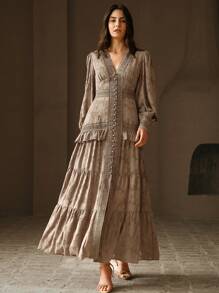 Anewsta French Style Ruched V-Neck Puff Sleeve Elegant Slim Fit Dress Maxi Women Outfit Festival ...