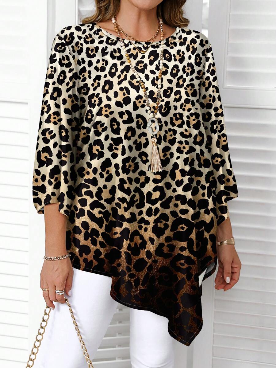 EMERY ROSE Plus Size Casual Simple All-Over Leopard Print Shirt, Spring ...
