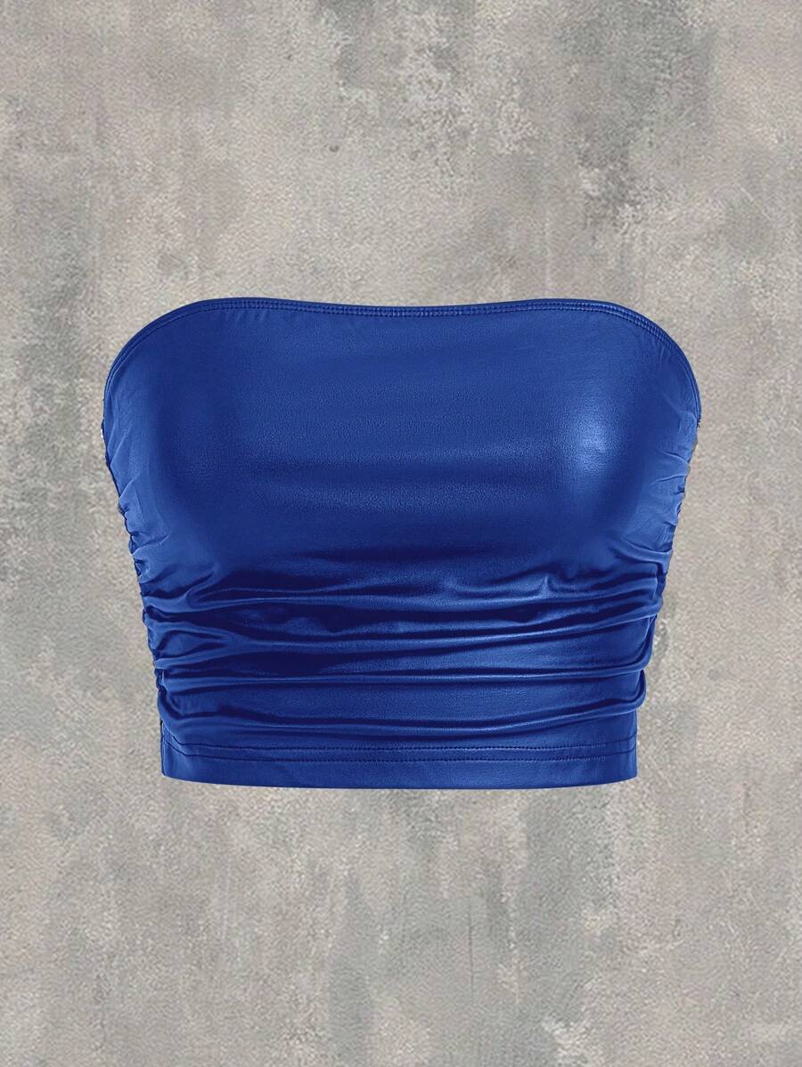 SHEIN EZwear Navy Blue Knitted Women's Pleated Tube Top for Sale ...