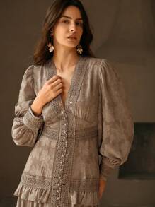 Anewsta French Style Ruched V-Neck Puff Sleeve Elegant Slim Fit Dress Maxi Women Outfit Festival ...