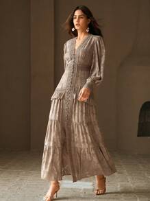 Anewsta French Style Ruched V-Neck Puff Sleeve Elegant Slim Fit Dress Maxi Women Outfit Festival ...