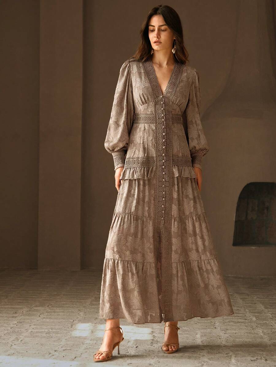 Anewsta French Style Ruched V-Neck Puff Sleeve Elegant Slim Fit Dress Maxi Women Outfit Festival ...