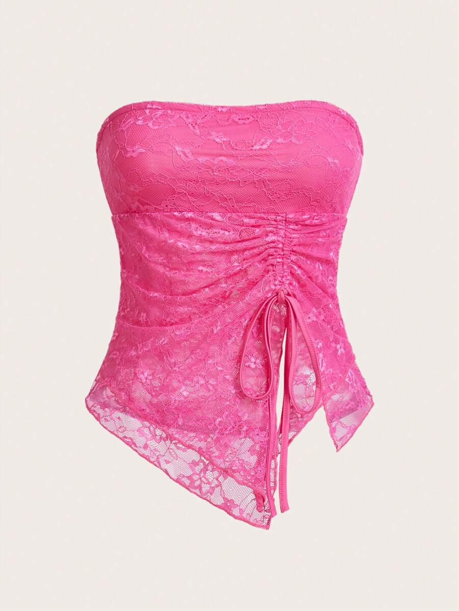 Sweetina Women's Hot Pink Lace Crop Top: Strapless, Sleeveless, Ruched ...