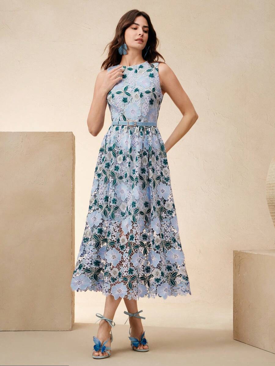 Anewsta Round Neck Sleeveless Woven Embroidered Waist Elegant Dress, Suitable For Summer ...