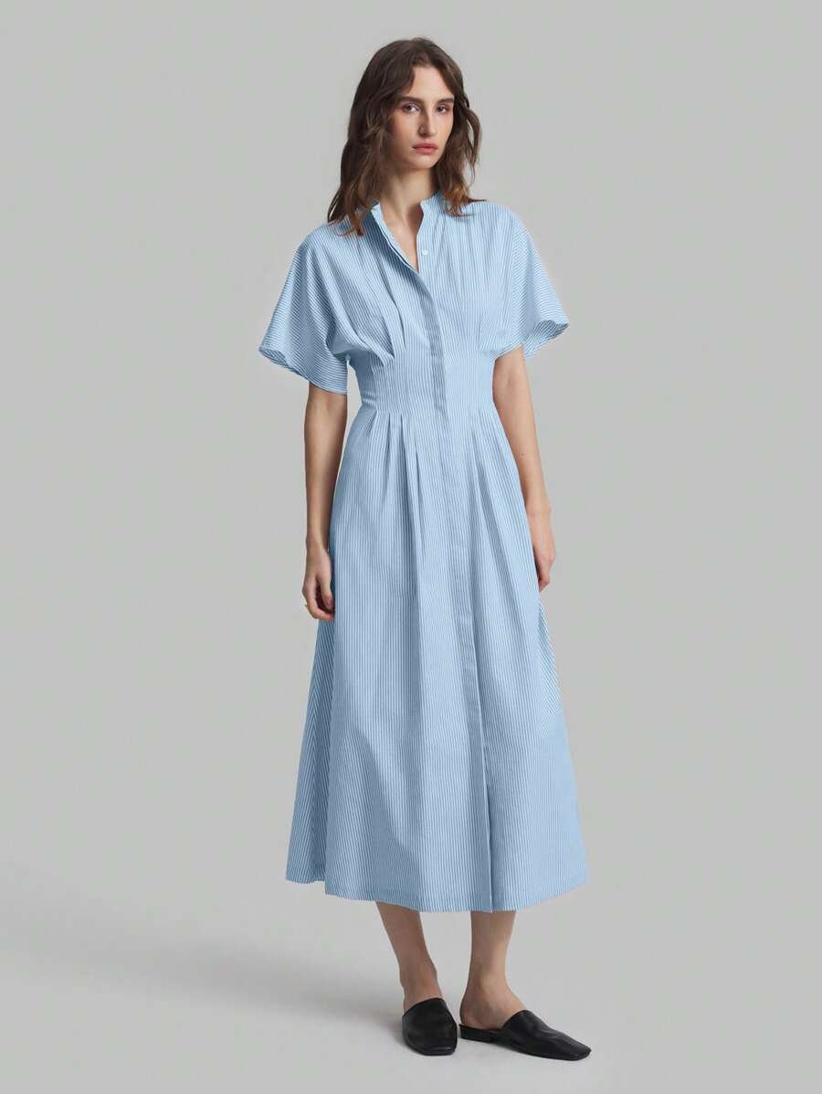 Ontre Women's 2025 New Solid Color Front Button Short Sleeve Pleated A ...