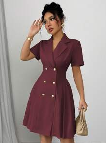 Elenzga Women's French Style Office Commute Dress, Elegant Lapel V-Neck Double-Breasted ...