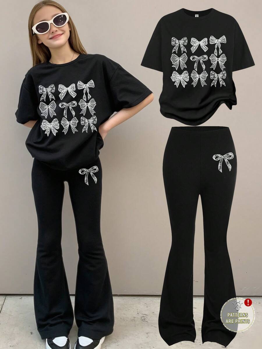 SHEIN Leap Crew Tween Girl Casual Minimalist Ballet Lace Bow Pattern ...