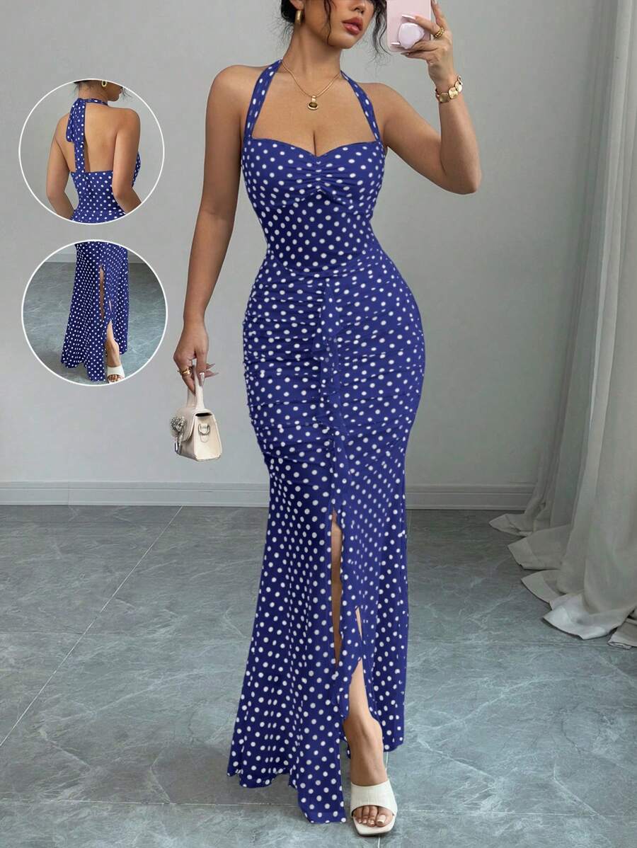 Rafferiza Elegant Spaghetti Strap Backless Digital Print Black Polka ...