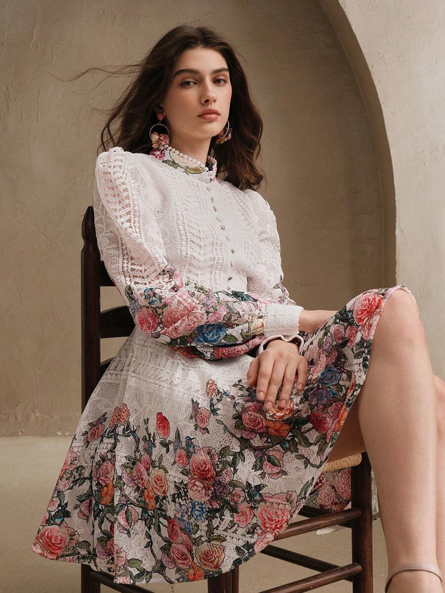 Anewsta Elegant Niche Colorful Floral Lace Long Sleeve Slim Fit Mini Dress, Suitable For Spring ...