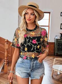 SHEIN LUNE Women's Summer Black Mesh Colorful Embroidered Sheer T-Shirt ...