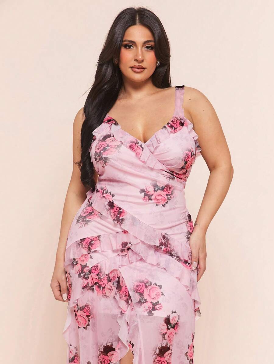 SHEIN BAE Plus Size Women Elegant Floral Mesh Print Asymmetric Overlap Ruffle Hem See-Through ...