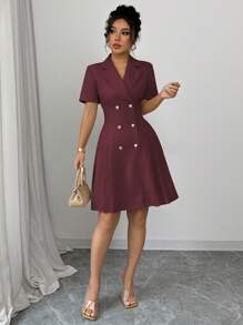 Elenzga Women's French Style Office Commute Dress, Elegant Lapel V-Neck Double-Breasted ...