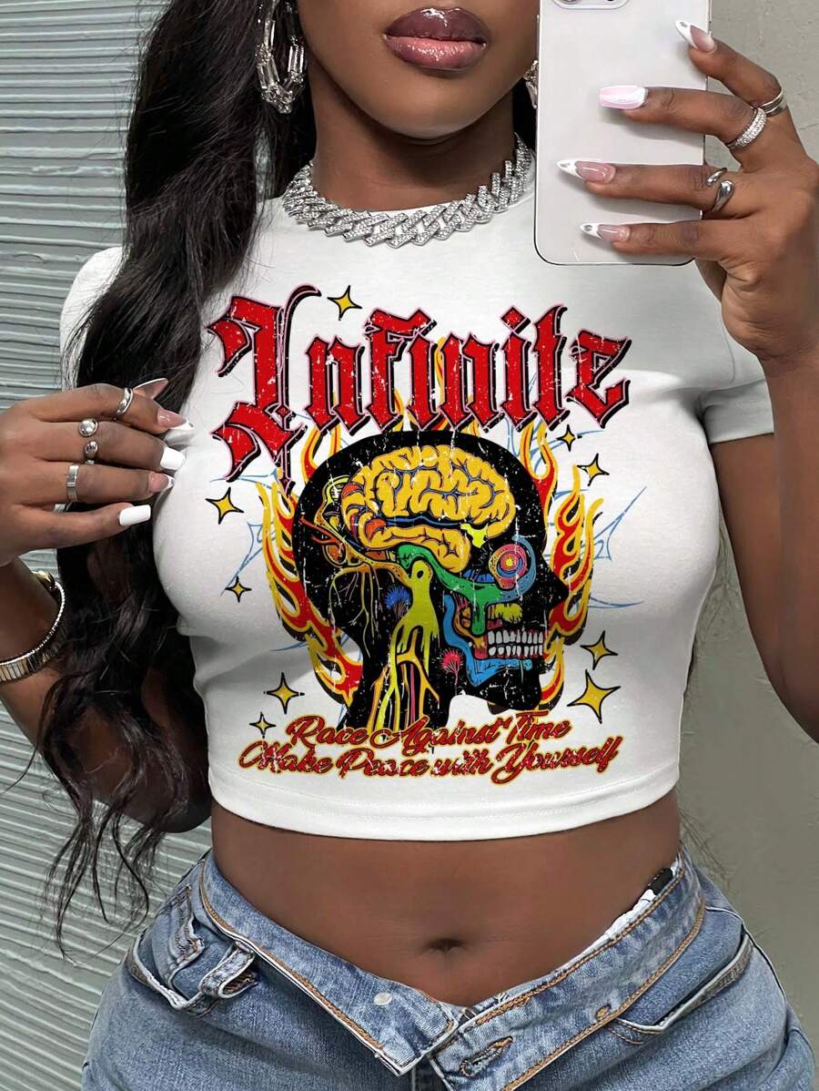 Slaydiva Plus Size Women's Spring/Summer Y2K Cartoon Print Crew Neck ...