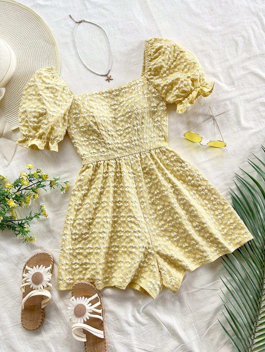 Soleia Ladies Holiday Light Yellow Jacquard Textured Square Neck Puff Sleeve Ruffle Trim Cinched ...