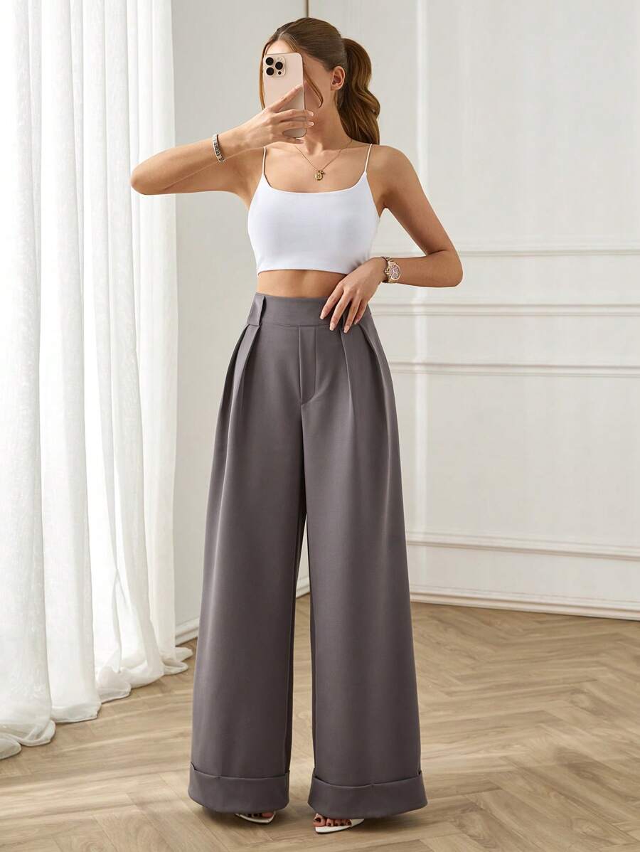 SHEIN PETITE Women Solid Color High Waist Wide Leg Pants | SHEIN USA