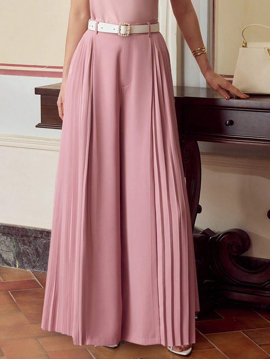 ZEYLAH Pantalones anchos elegantes de talle alto con pliegues sueltos ...