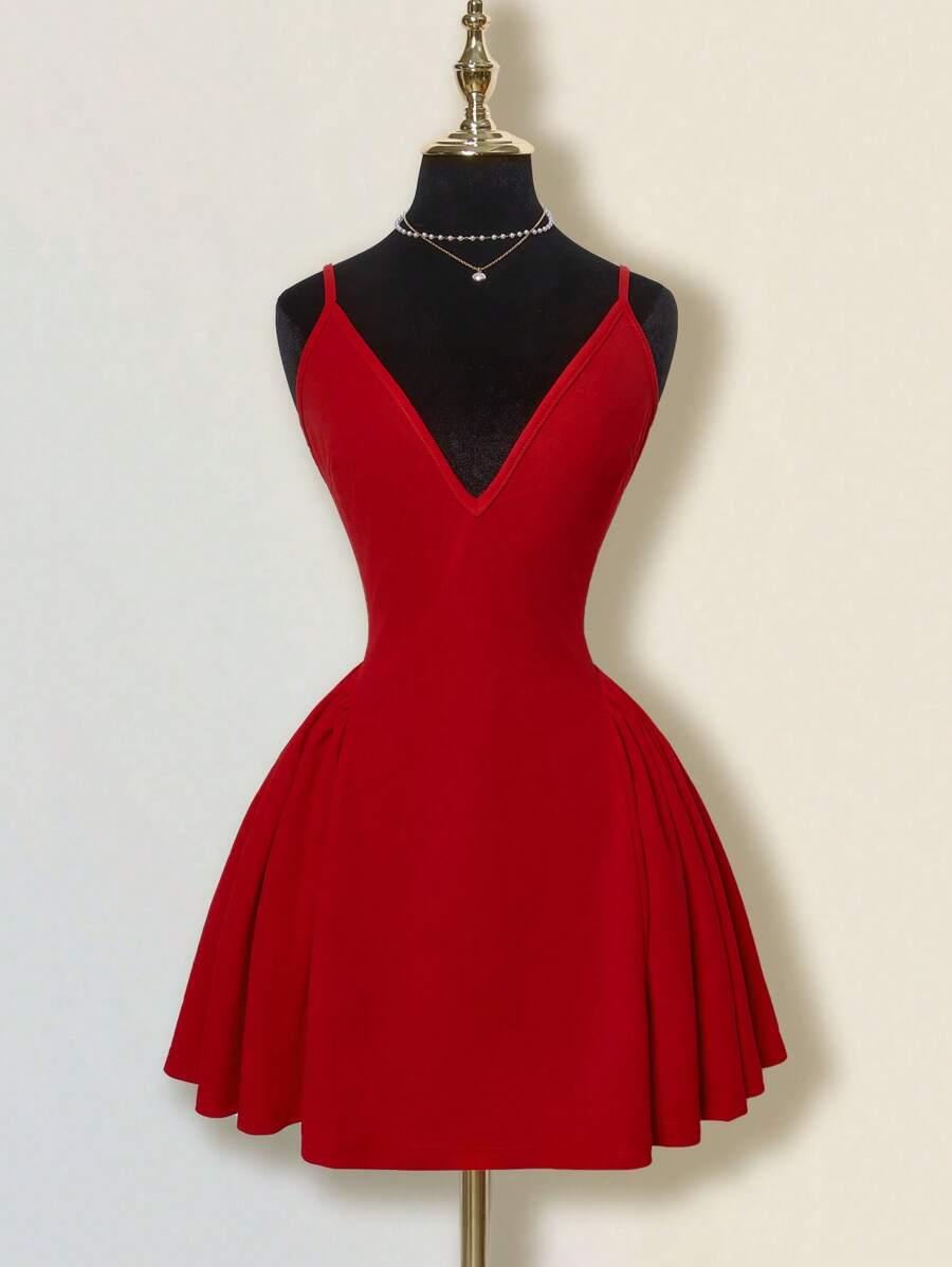 SHEIN ICON Pure Red Mini A-Line Puffy Deep V-Neck Sexy Elegant Waist ...