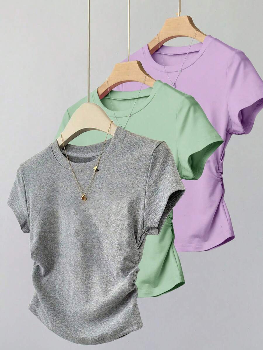 SHEIN 3 Pieces Tween Girls Casual Solid Color Coordinated Set - Waisted Short Sleeve T-Shirt ...