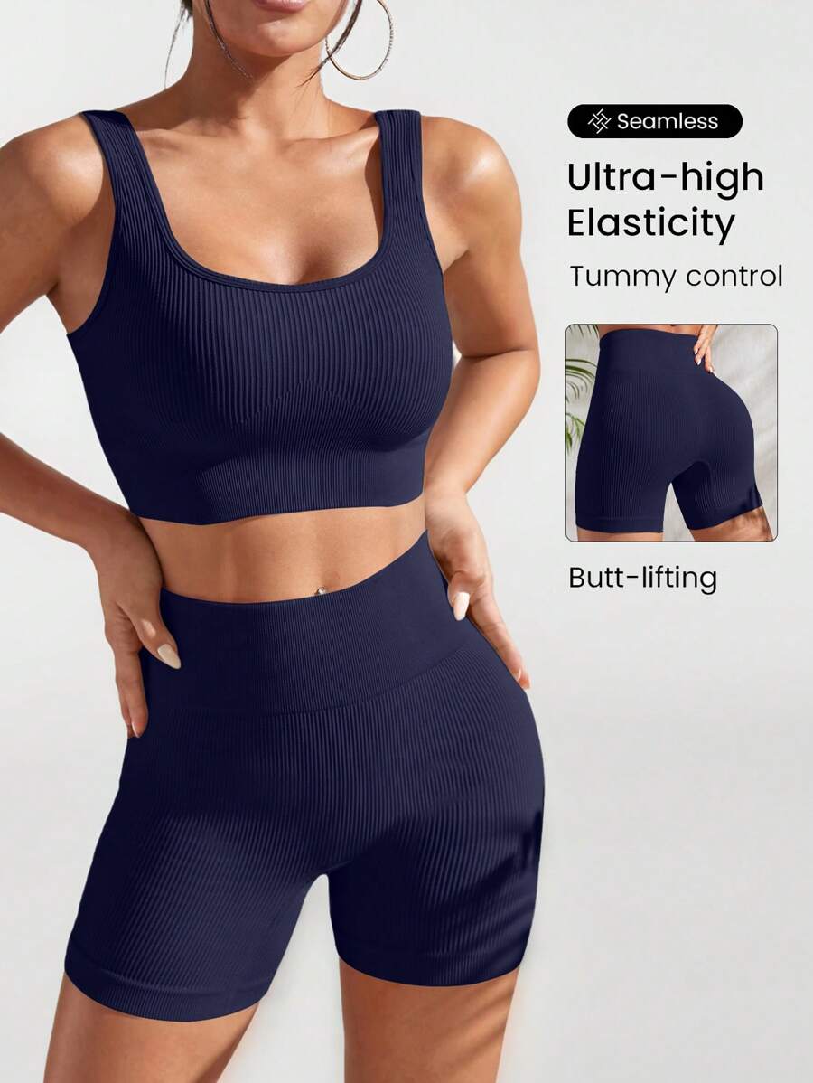 Seamluxe SHEIN Sport Ribbed Knit Wide Sports Set Workout Women Set ...