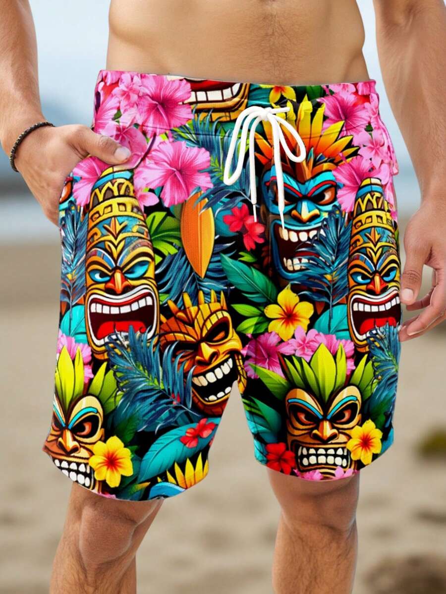 Manfinity RSRT Plus Size Men Tropical Mask Print Casual Shorts Tropical ...