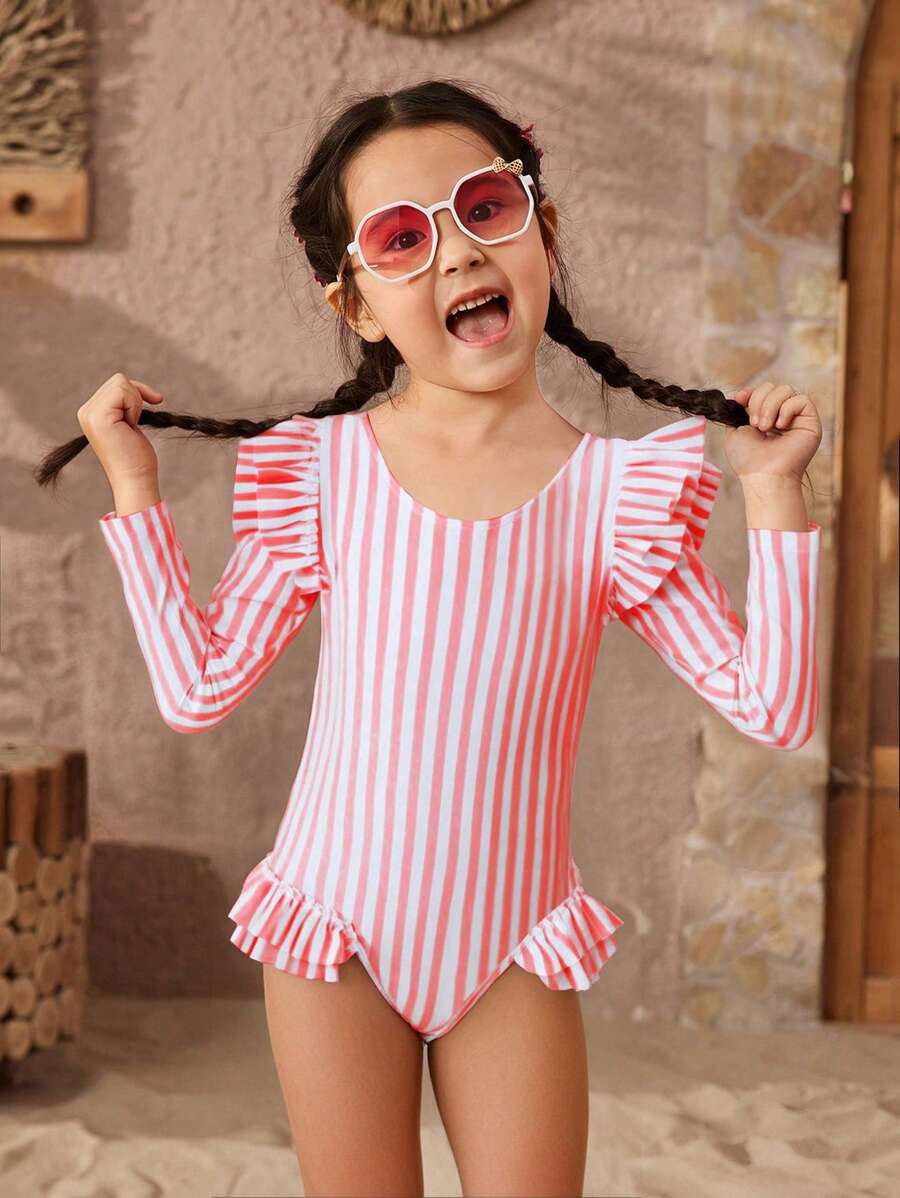 SHEIN Young Girl Striped Ruffled One-Piece Swimsuit, Vacation & Beach ...