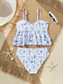 Teen Girl Spaghetti Strap Starfish Print Tankini Swimwear Set | SHEIN USA