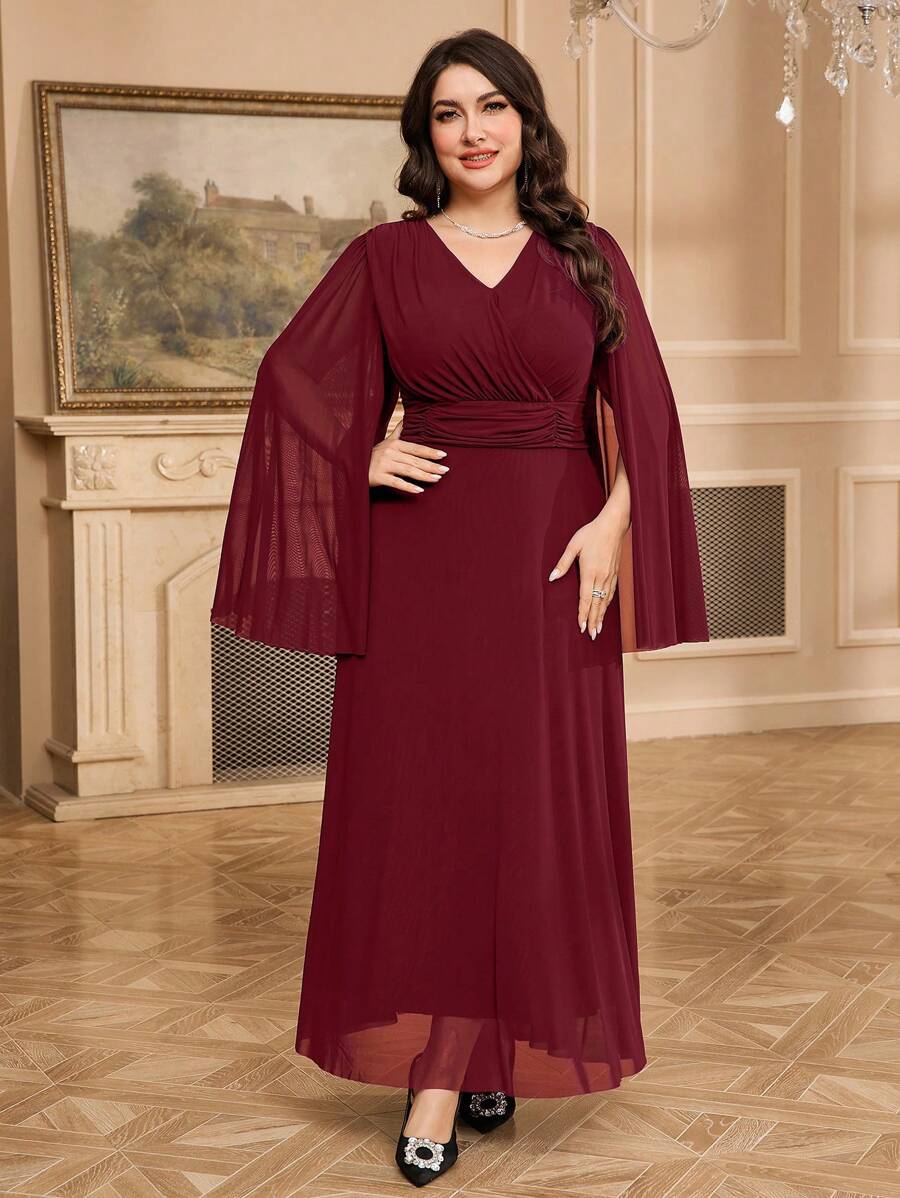 Modelyn Plus Size Elegant V-Neck Ruched Waist Burgundy Dress | SHEIN USA