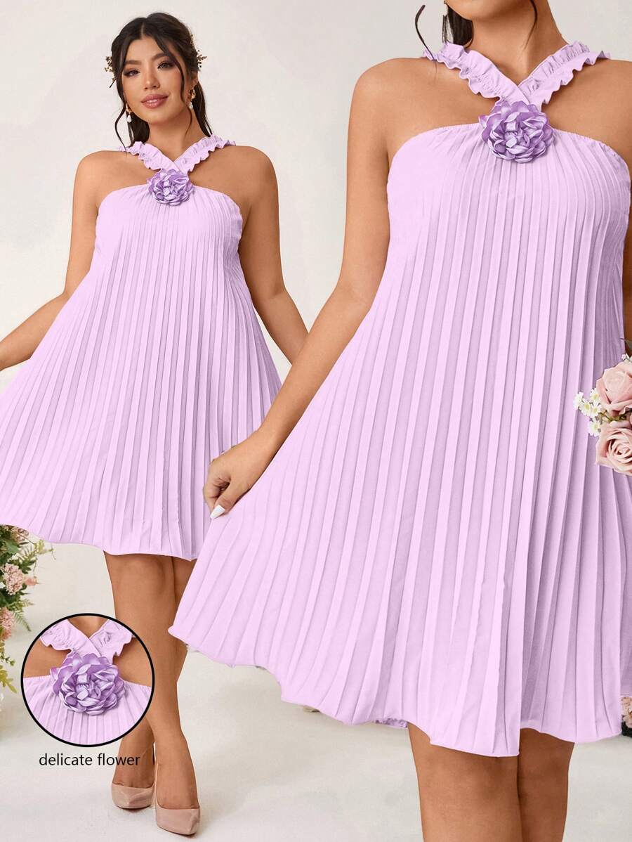 Allurite Plus Size Women Elegant Sleeveless Pleated Pink Dress With 3D Flower Detail Criss-Cross ...