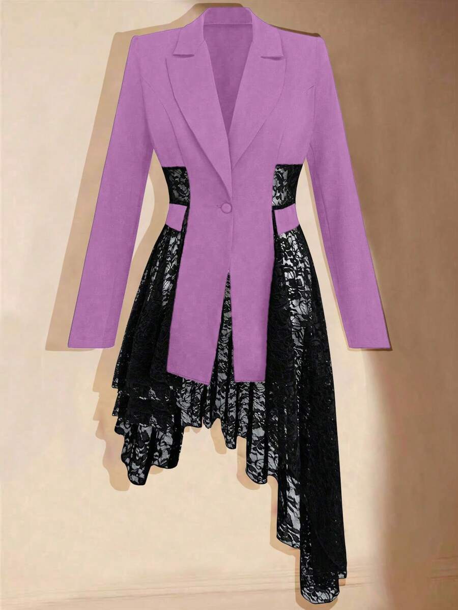SHEIN Clasi New Fashion Solid Color Lace Splice Long Blazer, Elegant ...