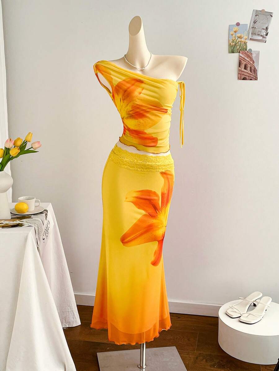 Soleia 2pcs/Set Tie Dye Flower Knit Mesh Cropped Top And Mermaid Maxi ...