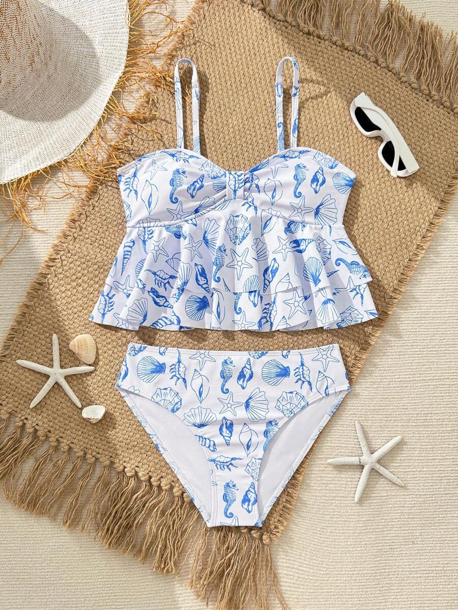 Teen Girl Spaghetti Strap Starfish Print Tankini Swimwear Set | SHEIN USA