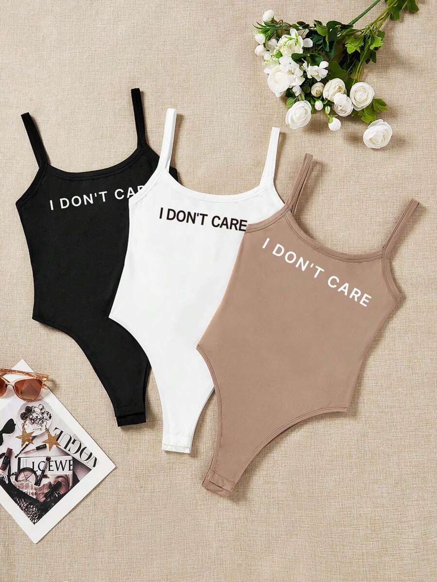 SHEIN EZwear 3 Pcs Women's Letter Slogan Print Bodysuit, Casual Slim ...