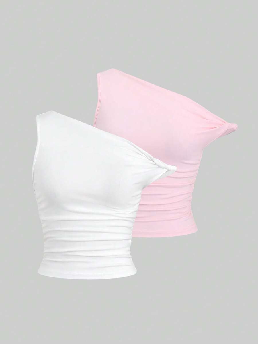 Sweetra Women's Plain Color Ruffles Shoulder Fitted Knit Top, Summer ...