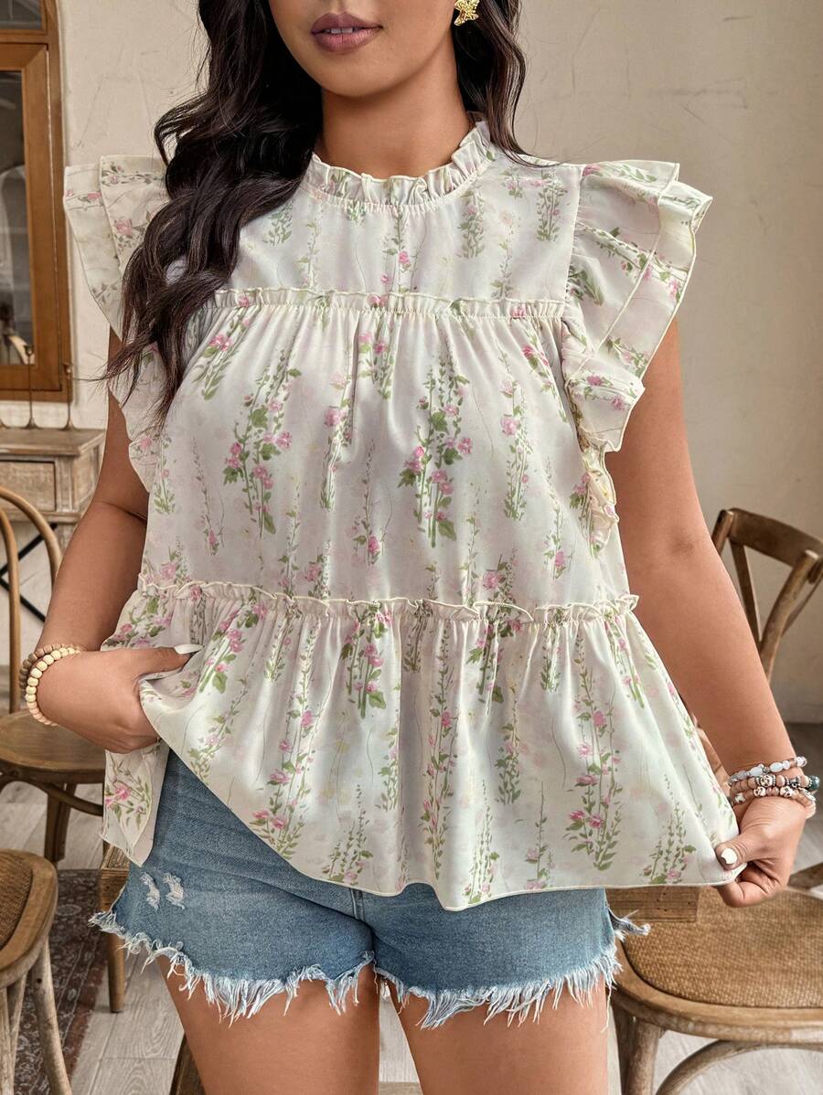 Breezaya Plus Size Women Floral Print Round Neck, Ruffle Trim Puff ...