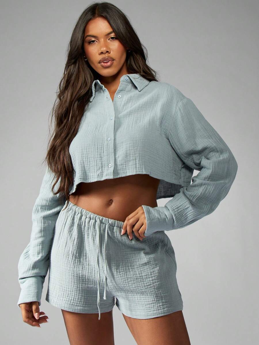 MISSGUIDED Cheesecloth Beach Shorts Set Casual Summer Two Piece Outfit ...